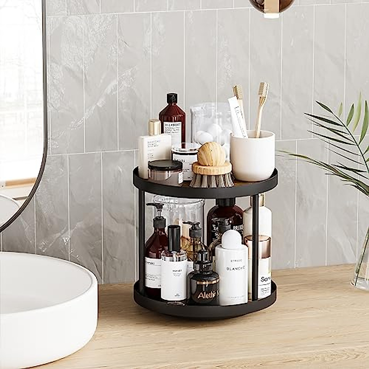 Giikin Countertop Shelf Organizer, 2 Tier Kitchen Spice Rack Organizer, 2 Tier Lazy Susan Organizer, 2 Tier Spice Turntable Organizer(Rustic Brown)