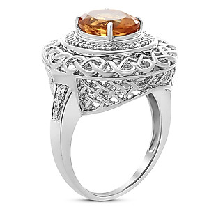 Jewelili Sterling Silver 10x8mm Oval Citrine and 1/10 Cttw Diamond Halo Ring, Size 7