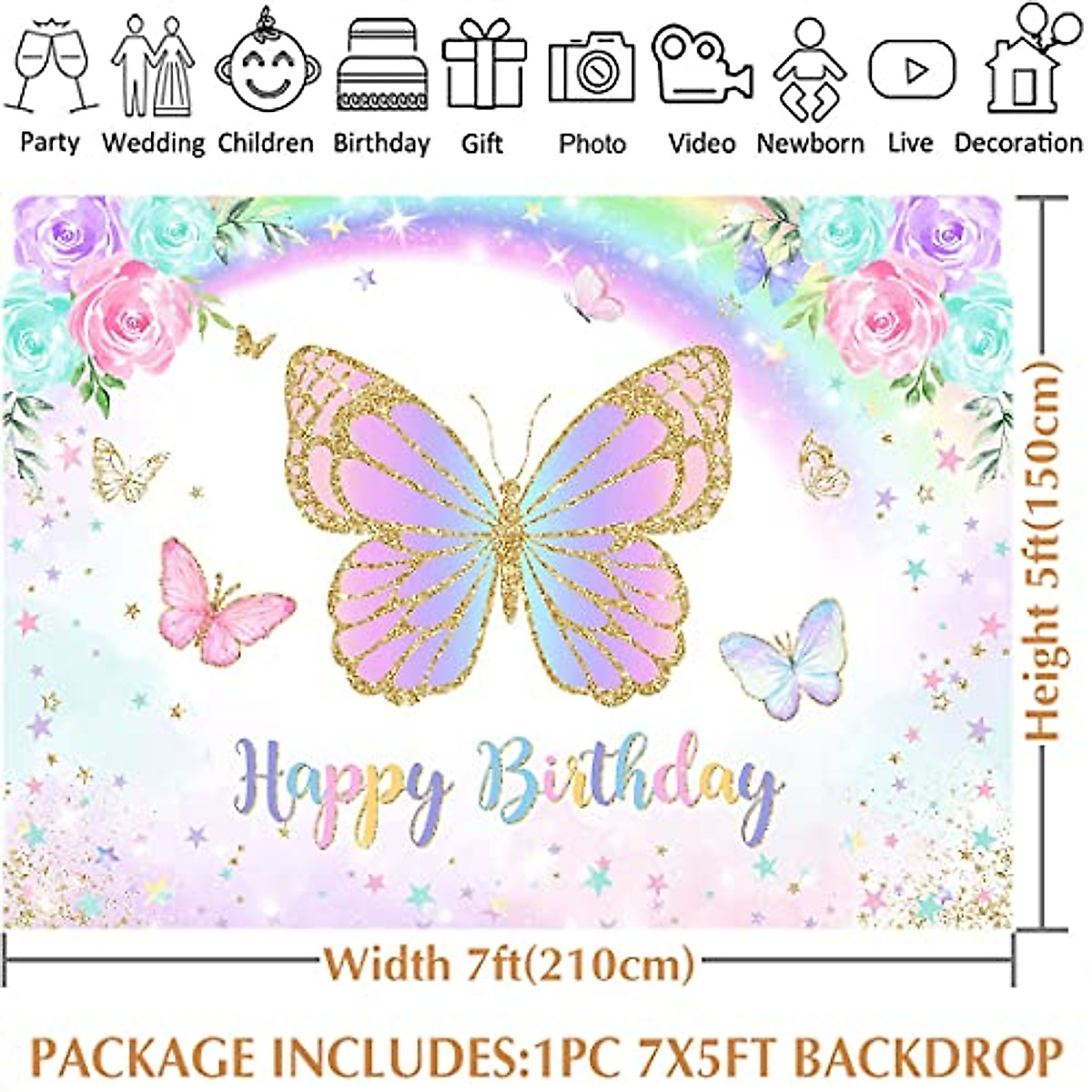 Avezano Pastel Butterfly Birthday Backdrops Girls Pink Butterfly Happy Birthday Party Background Rainbow Butterflies Bday Decorations Banner for Cake Table Supplies(7x5ft)