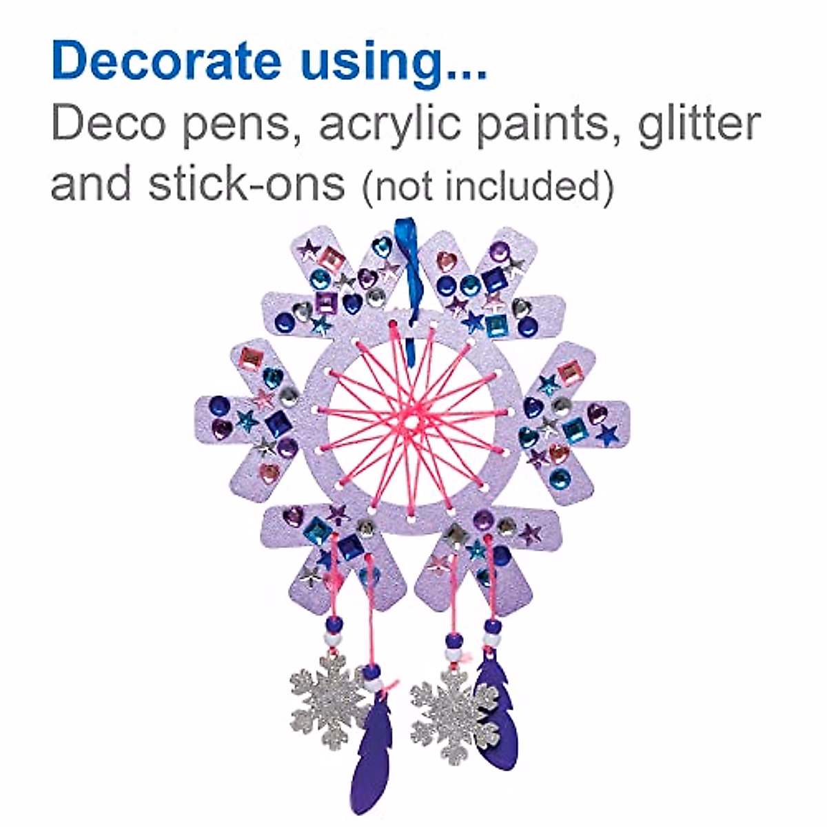 Baker Ross FE894 Snowflake Wooden Dream Catcher Craft Kits - Pack of 4, Make Your Own Wood Dream Catcher Kit, Christmas Art, and Craft for Kids to Make and Decorate