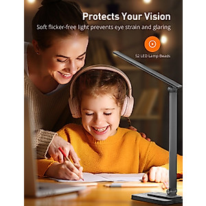 sympa Metal LED Desk Lamp, 12W Desktop Office Lamp, Reading Desk Light with 5V/2A USB Port, 5 Color Temperatures, 6 Brightness Levels, Touch Control for Dorm, Home Office, Bedroom, Living Room Grey