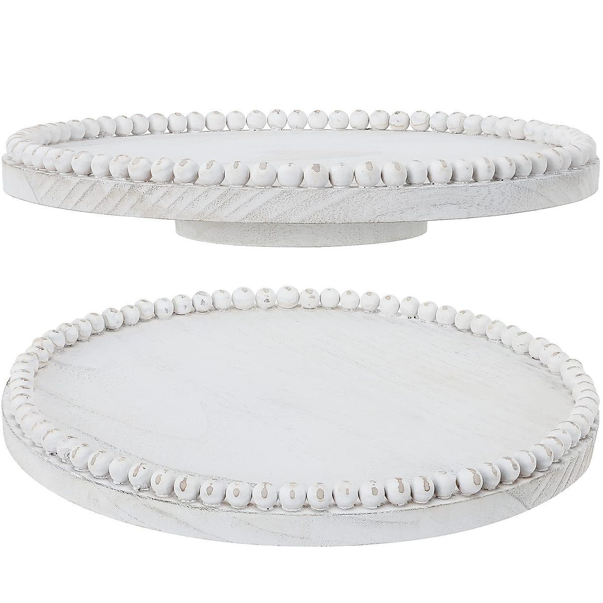 White Beaded Lazy Susan Wooden Kitchen Turntable Round Spinning Lazy Susan Organizer Wood Lazy Susan Turntable 360 Degrees Rotating Lazy Susan for Table Pantry Cabinet Tray Stand (12 Inches)