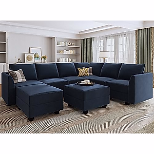 HONBAY Convertible Sectional Sofa Modular Couch with Reversible Chaise Velvet U Shaped Couch Sleeper Sectional Sofa Set with Storage Ottoman, Dark Blue