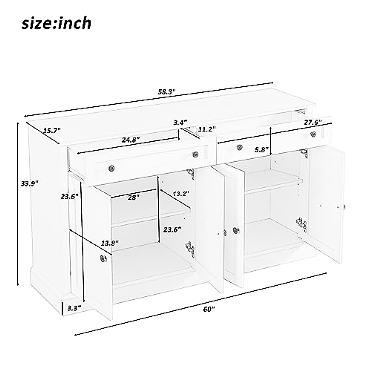 GODAFA Cabinet Multi-Functional Kitchen Sideboard-4 Drawers, Mesh Metal Doors, Adjustable Shelves, Wineglass Holders, Large, White