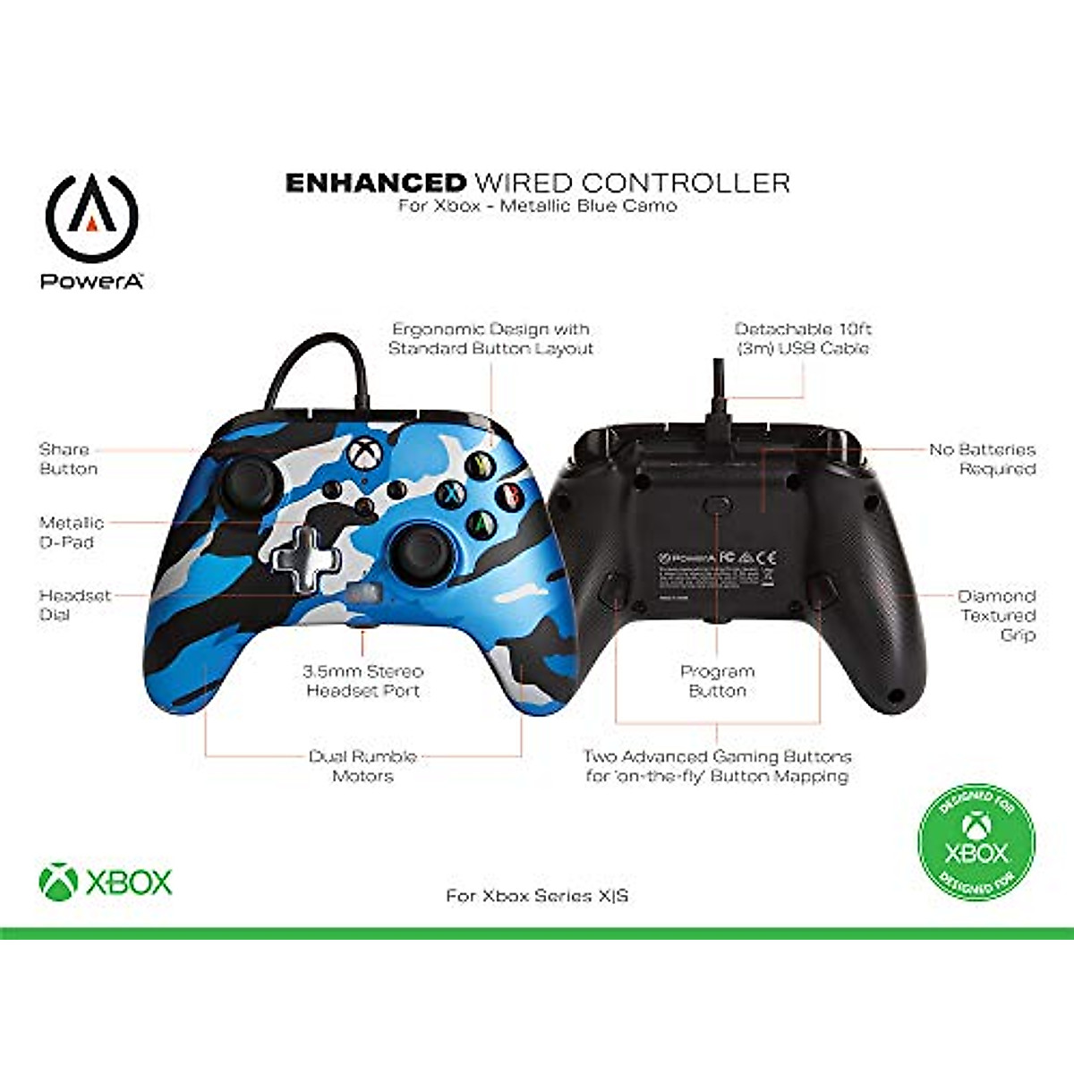 PowerA Enhanced Wired Controller for Xbox Series X|S - Metallic Blue Camo, gamepad, wired video game controller, gaming controller, Officially Licensed for Xbox