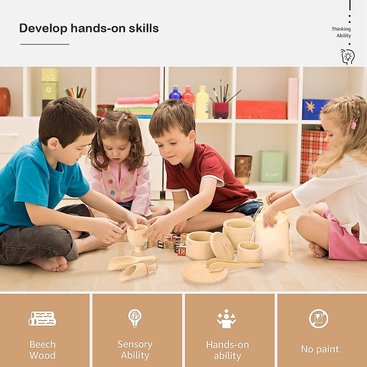 MONT PLEASANT Montessori Toys Sensory Bin Toys for Toddlers Set of 9 Wooden Waldorf Toys Wooden Scoops and Tongs for Transfer Work and Fine Motor Skills Development