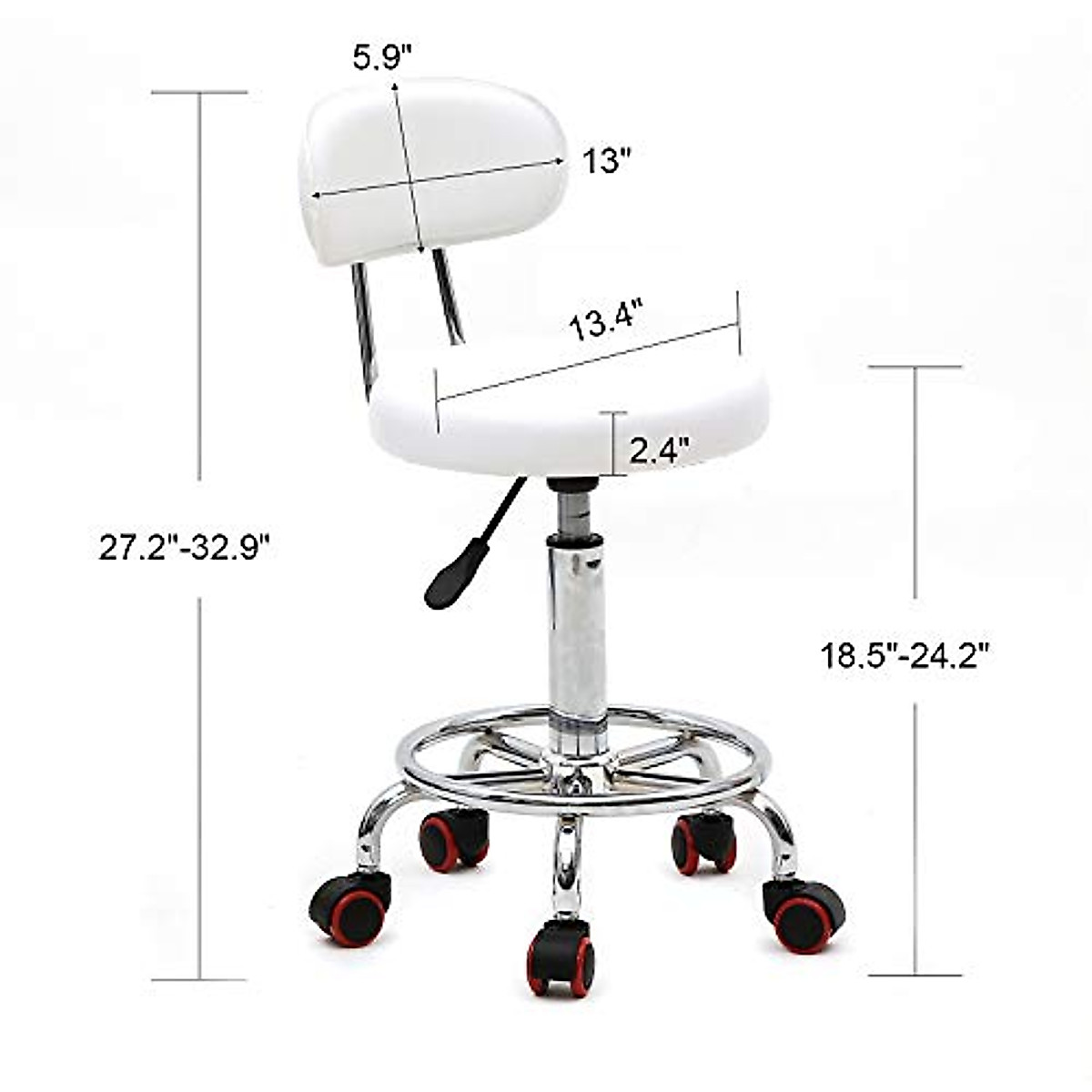 SSLine Rolling Salon Stool White Leather Adjustable Tattoo Stools on Wheels Hydraulic Swivel Office Drafting Chair with Back Modern Comfortable Dental Chairs Kitchen Bar Chairs