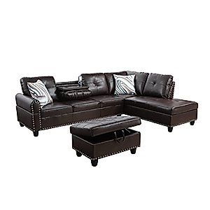 Star Home Living Sectional w/Ottoman and Two Pillows Sofas, 97.2" W x 69.3" D x 32.3" H, 9916B, Brown