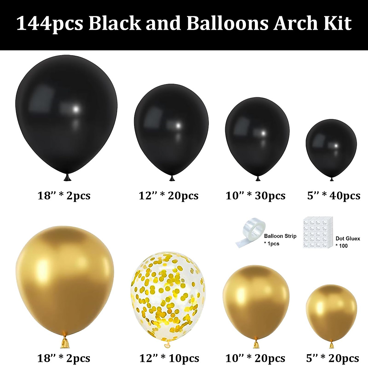 144pcs Black and Gold Balloons Arch Kit, Black Gold Confetti Balloons for Birthday Graduation Retirement anniversary Party Decorations Balloon Garland Kit for New Years Eve Decor