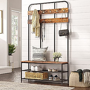 HOOBRO Hall Tree with Bench, Entryway Bench with Coat Rack, Mud Room Bench with 12 Double Hooks and Storage Bench, Coat Tree, Shoe Rack Organizer, for Foyer, Front Door, Rustic Brown BF05MT01