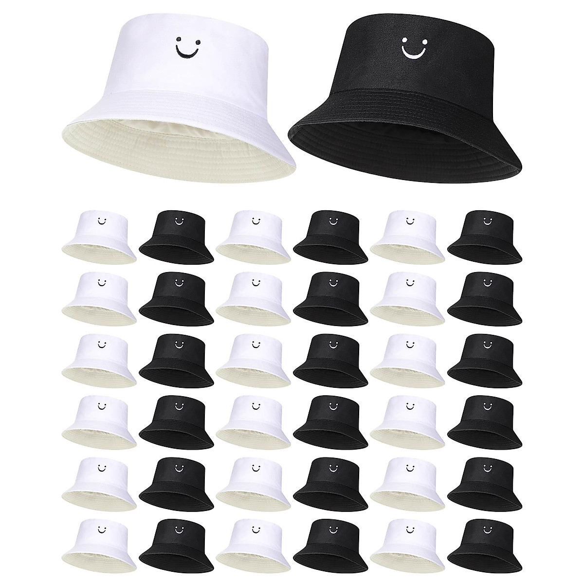 Xtinmee 36 Pcs Bucket Hats Bulk for Men Women White and Black Bucket Hats Unisex Summer Outdoor Travel Sun Hat Smiling Face Cute Cotton Cap Beach Fishing Hat for Teens Boys Fisherman