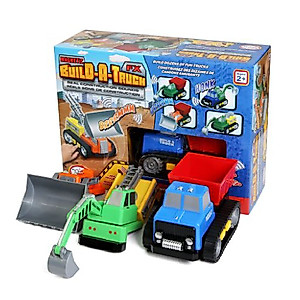 POPULAR PLAYTHINGS Magnetic Build-a-Truck Construction Set of 4 Construction Vehicles with Real Construction Site Sounds