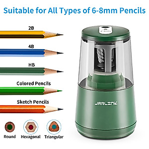 JARLINK Electric Pencil Sharpener, Heavy-Duty Helical Blade to Fast Sharpen, Auto Stop for No.2/Colored Pencils(6-8mm), USB/Battery Operated in School Classroom/Office/Home (Green)
