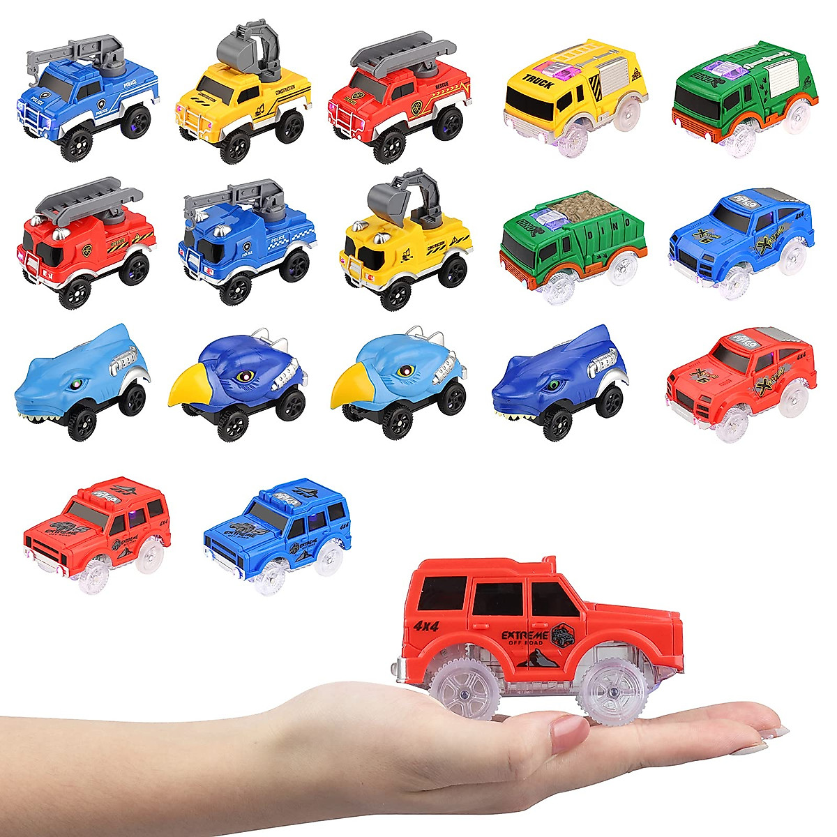 Tracks Cars Replacement only, Toy Cars for Magic Tracks Glow in the Dark, Racing Car Track Accessories with 5 Flashing LED Lights, Compatible with Most Car Tracks for Kids Boys and Girls(3pack)