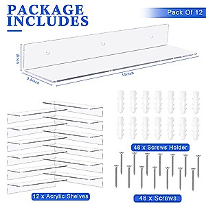 Qunclay 12 Pcs Clear Acrylic Shelves for Wall 15" Acrylic Floating Wall Shelf 4 mm Thick Wall Mounted Storage Shelf Long Clear Shelves for Bedroom Living Room Bathroom Kitchen Office Wall Display