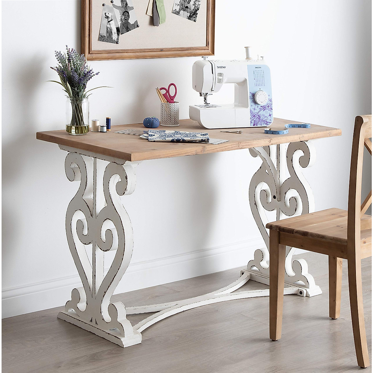 Kate and Laurel Wyldwood Rustic Wood Desk, 48" x 23.5" x 30", Rustic Brown and Coastal White, Chic Farmhouse-Inspired Design