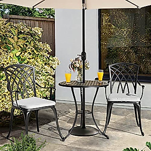 Nuu Garden 3 Piece Bistro Table Set Cast Aluminum Outdoor Patio Furniture with Umbrella Hole and Grey Cushions for Patio Balcony, Black with Golden Powder