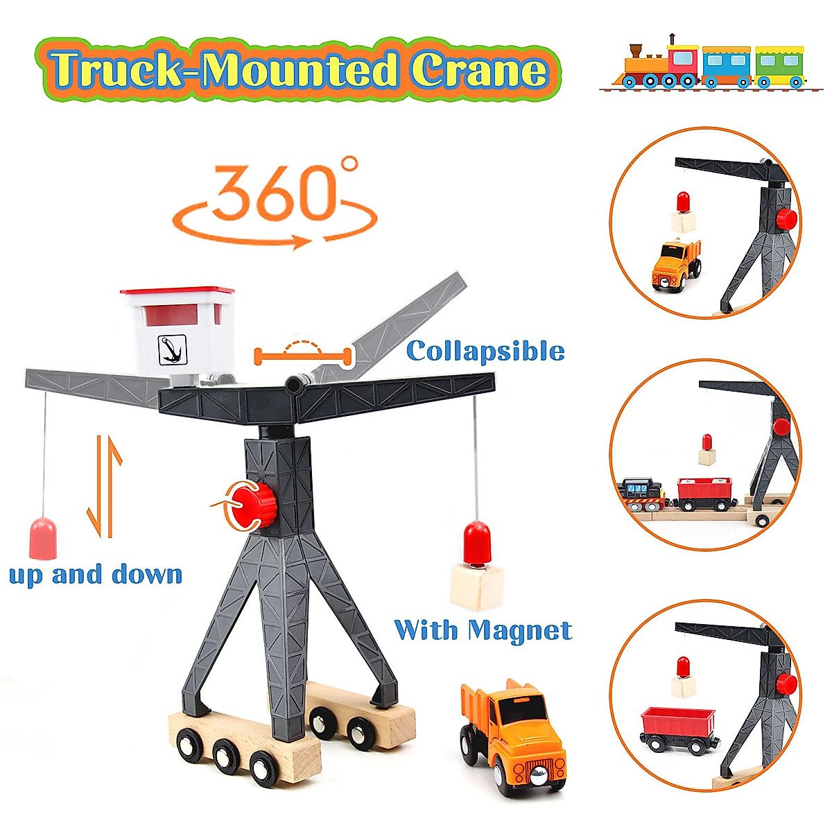 WOOD CITY Wooden Train Set, 56-Piece Deluxe Kids Toy Train Set for 2 3 4 5 Year Old Boy, Cargo-Themed Train Track with Tower Crane & Suspension Bridge - Fits Thomas Brio Chuggington Melissa Orbrium