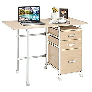 Tangkula Folding Computer Desk with 3 Storage Drawers, Mobile Home Office Desk Study Writing Desk with Smooth Wheels, Space Saving Compact Desk for Dorm Apartment, Rolling Folding Desk Table