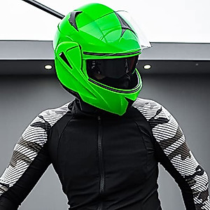 ILM Motorcycle Helmets Modular Dual Visor Flip-up Full Face Street Bike Racing Helmet DOT 5 Colors Model 808 (M, Green)