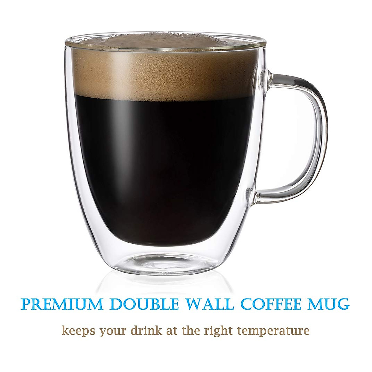 BothEarn Glass Coffee Mug Set of 2 - Double Wall Clear Espresso Cup with Large Handle, Great for Latte, Cappuccino and Juice, 19 Ounce (560 ml), BE026