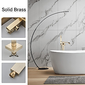 Freestanding Bathtub Faucet Brushed Gold Floor Mount Waterfall Tub Filler High Flow with Hand Shower Solid Brass 360 Degree Swivel Standing Mixer Taps for Bathroom
