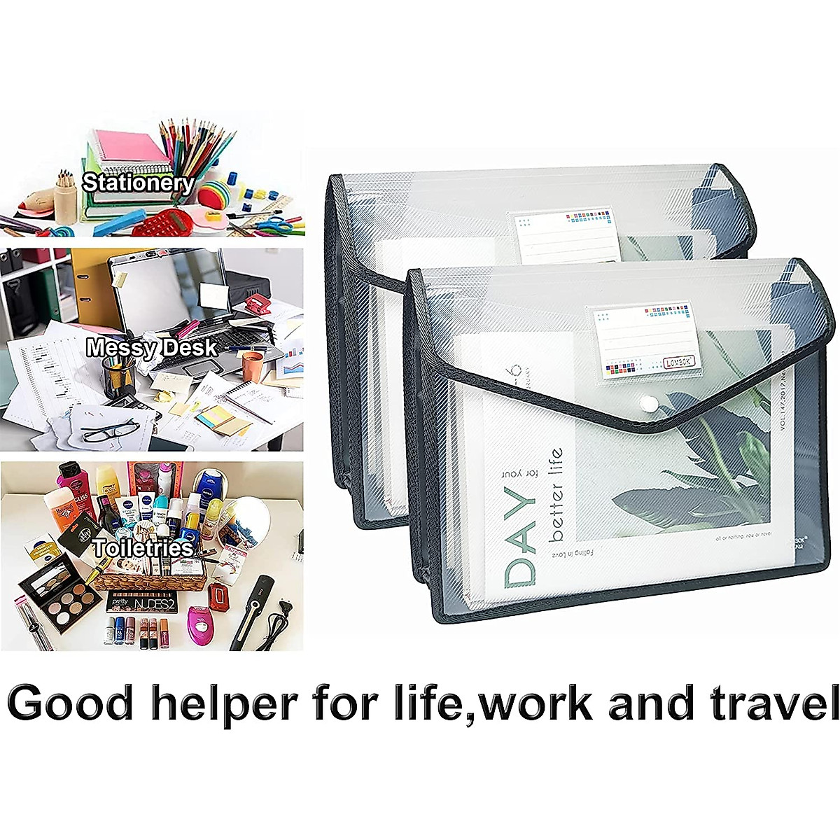 YoeeJob Plastic File Folders Legal Size Expandable Document Folder with Snap Button Closure, B4 Expanding File Wallet Envelopes Pouch with Label Pocket, 2 Packs, Black