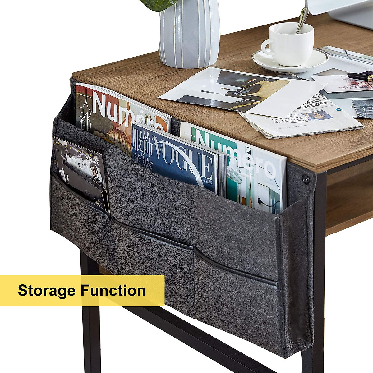 LINSY HOME Computer Desk with Shelves, 55 Inch Work Table for Home Office, Laptop Table with Storage Bag for 2 Monitor, Rustic Oak Finished