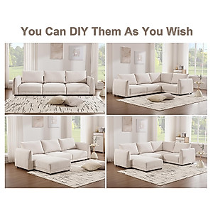 QIUKIU Convertible Sectional Sofa with Ottoman, Chenille L Shaped 3 Seat Modular Sectional Sofa Couch with Mobile Footsool, Modern Upholstered Sofa with Arm for Living Room, Apartment, Office, White