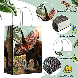 Funrous Dinosaur Gift Party Favor Dino Treat Bags Dinosaur Paper Goodie Bags with Handles Dino Candy Goodie Paper Package for Kids' Birthday Decorations Party Supplies, 8.7 x 6.3 x 3.2 Inch(18 Pcs)