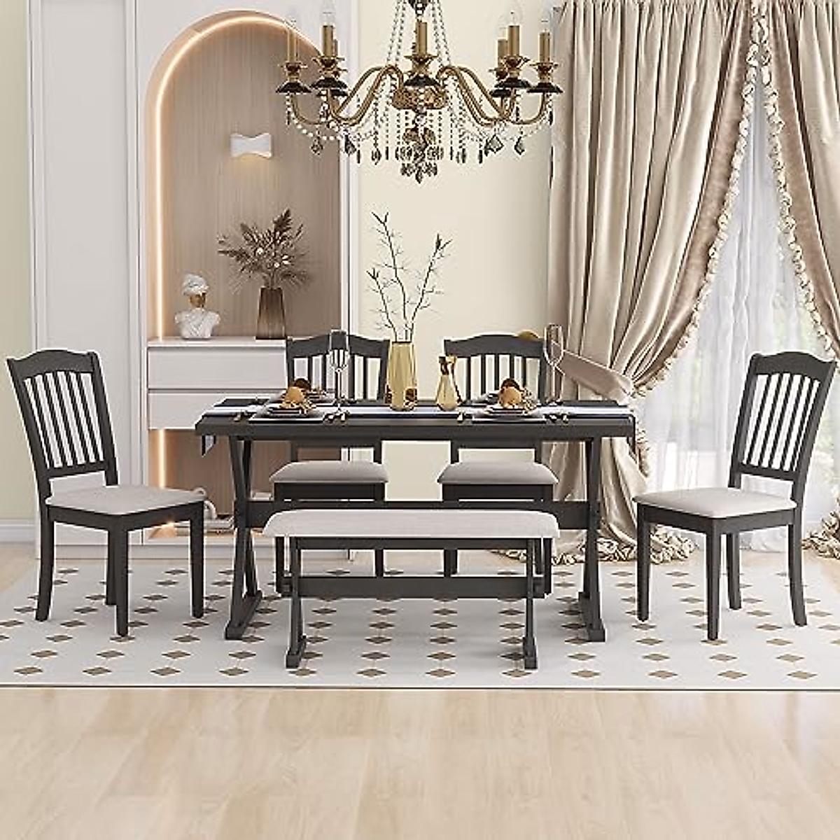 HAUSHECK Rectangular Table with X-Frame Legs, Upholstered Bench & Chair with Hollowed Backrests, Padded Cushion, Modern Rustic Style Home Furniture, Kitchen & Dining Room Sets for 6, Gray
