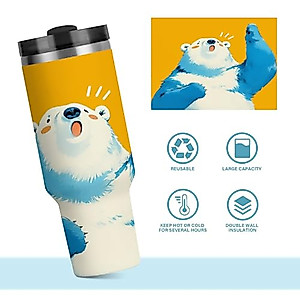 linqin Excited Blue Polar Bear Vacuum Insulated Tumbler with Lid and Straw 30 oz Water Bottle with Strap Reusable Stainless Steel Coffee Mug for Water, Iced Tea or Coffee