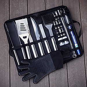 Stonewall Barbecue Grill Tool Set - Stainless Steel - Strong Durable Design - Heat Resistant Glove & Utensils - Thermometer, Meat Injector, Kebabs, & Corn Skewers - Perfect for Smokers & Grills