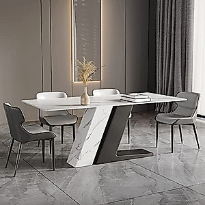 LITFAD Modern Sintered Stone Top Dining Table Rectangle Dinette Table Stainless Steel Base Restaurant Table - White 63" L x 31.5" W Table Only(Not Including Chairs)