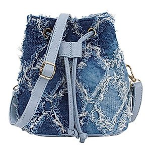 Hyuyikuwol Women Denim Mini Bucket Shoulder Crossbody Bag Drawstring Quilted Distressed Tassel Barrel Shape Satchel Purse, Blue