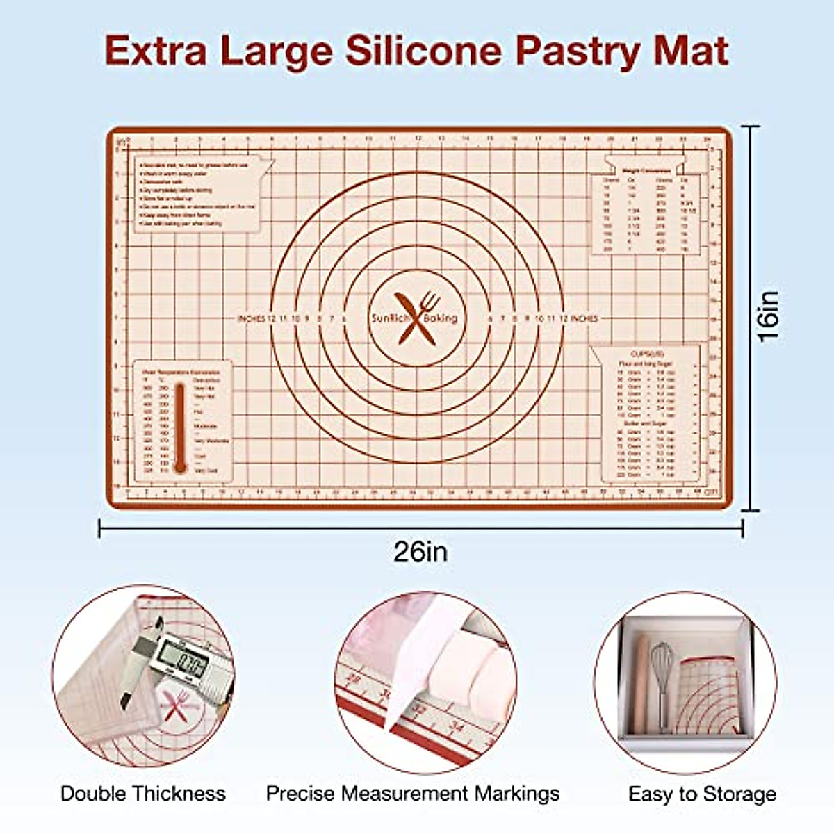 Silicone Baking Mat, Non Stick Pastry Mat with Measurement,26" x 16" Extra Thick Large Rolling Dough Mat Sheet, Counter Mat,Food Grade Pizza, Fondant, Macarons,Cookies Mat, Baking Supplies for kitchen