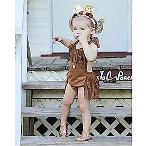 Infant Baby Girl Fringe Faux Suede Romper - Western Style Halter Sunsuit, Adjustable Straps (Brown, 6-12 Months)