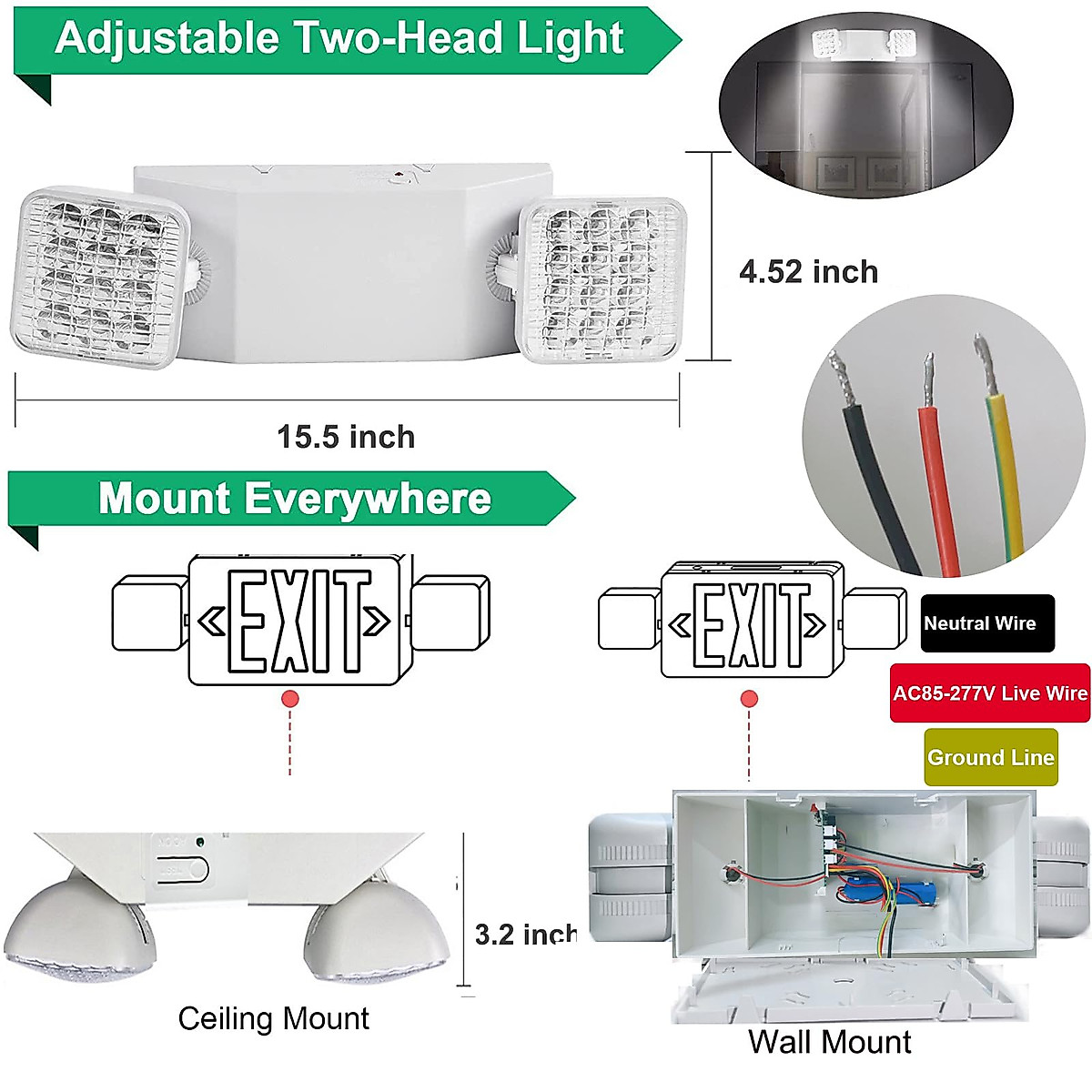 Hivotisa LED Emergency Lights with Battery Backup 6 Pack, Commercial Emergency Lights Fixture Two Head Adjustable, Hardwired Emergency Light for Business, Home Power Failure Hallway AC 120/277V