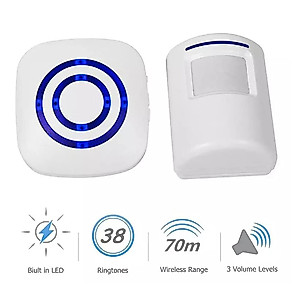 Wireless Home Security Driveway Alarm, Enegg Entry Alert, Visitor Door Bell Chime with 1 Plug-in Receiver and 2 PIR Motion Sensor Detector Alert System, Quality Sound and LED, 38 Melodies
