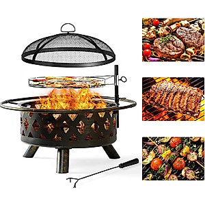 Aoxun Fire Pit 30in with Grill Outdoor Wood Burning 2 in 1 Fire Pit with Fire Poker (Black)