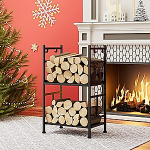 Firewood Rack, 2 Tiers Fireplace Tool Rack Wrought Iron Firewood Log Storage Rack Holder for Indoor Outdoor Fireplace, Fire Pit, Stove (Deers)
