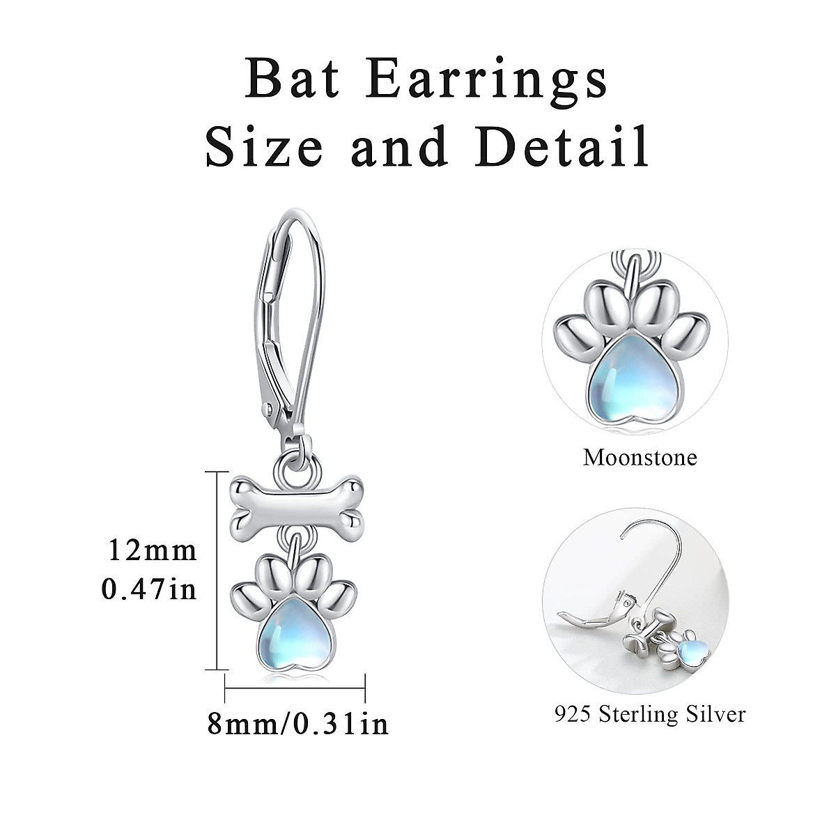 Dog Earrings 925 Sterling Silver Dog Paw Dangle Drop Earrings Dog Bone Leverback Earrings Moonstone Dog Print Earrings Animal Dog Paw Jewelry for Women