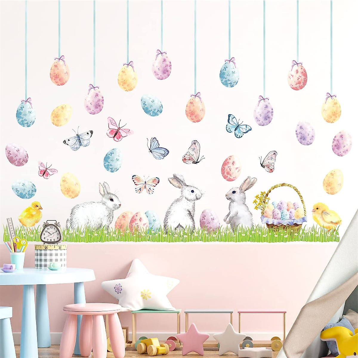 Happy Easter Wall Stickers Easter Egg Wall Decals Easter Bunny Wall Decals Peel and Stick Rabbit Wall Stickers Bunnies Colorful Butterfly Wall Stickers Removable Easter Window Stickers Decorations