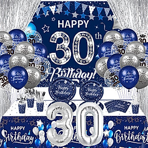 30th Birthday Decorations for Men and Women, 131 PCS Navy Blue Silver 30th Birthday Party Supplies Includes Blue Happy 30th Birthday Banner Balloons Napkins Cups Tablecloth Plates Foil Backdrops for