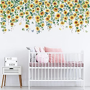 Sunflower Wall Sticker Flower Vines Hanging Wall Decal Green Leaves Floral Wall Art for Bedroom Bathoom Kids Wall Decor