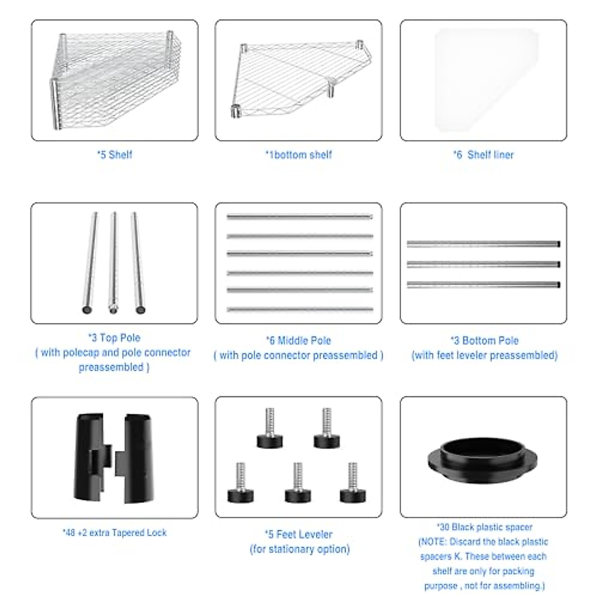 6 Tier NSF Corner Wire Shelf Shelving Unit, 20 x 20 x 72 Inch 600lbs Capacity Heavy Duty Adjustable Metal Storage Rack with Leveling Feet & Shelf Liners for Office Kitchen Bathroom and More - Chrome
