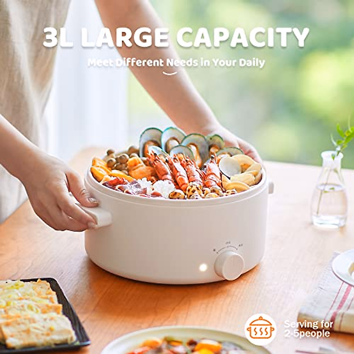 Olayks 3L Electric Pot for Cooking, Ceramic Glaze Non-Stick Shabu Shabu Pot Electric with Adjustable Power Control for Shabu Shabu, Noodles, Sauté, Soup, Steak, Stir Fry, Eggs