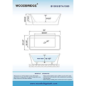 WOODBRIDGE 59" Freestanding White Acylic Soaking Bathtub with Matte Black Drain and Overflow,BTS1509-MB-Drain&O