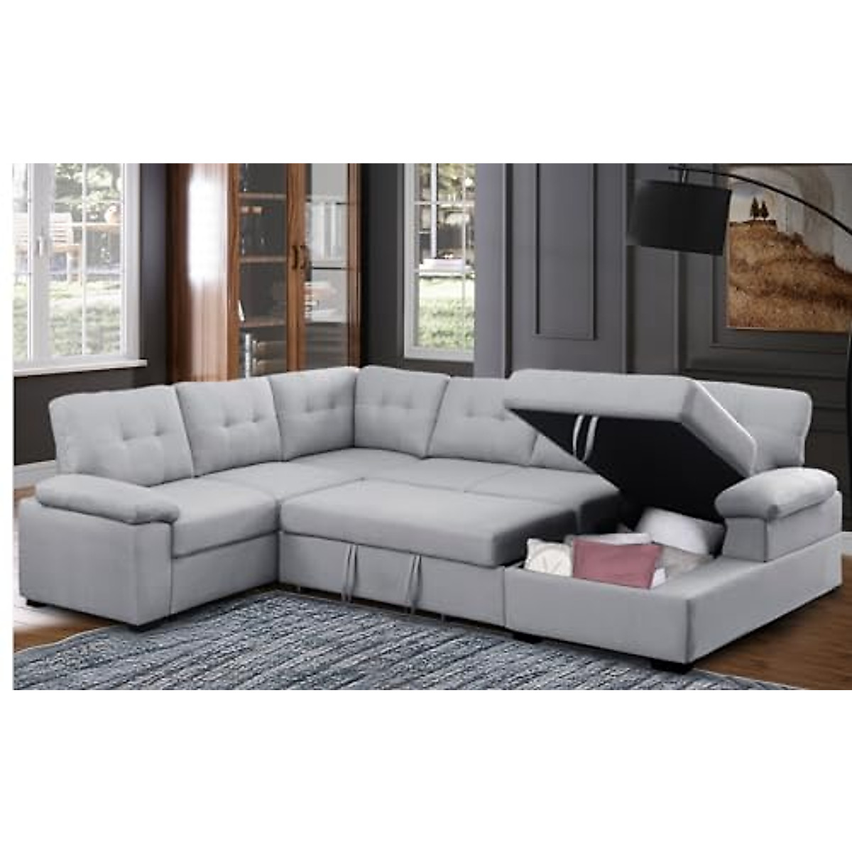 Sleeper Sofa Pull Out Couch with Storage, Modular Sectional Sofa Bed with Chaise Lounge, Modern Comfy 6 Seater U Shape Couch Bed for Living Room, Apartment, Home Office(Grey)