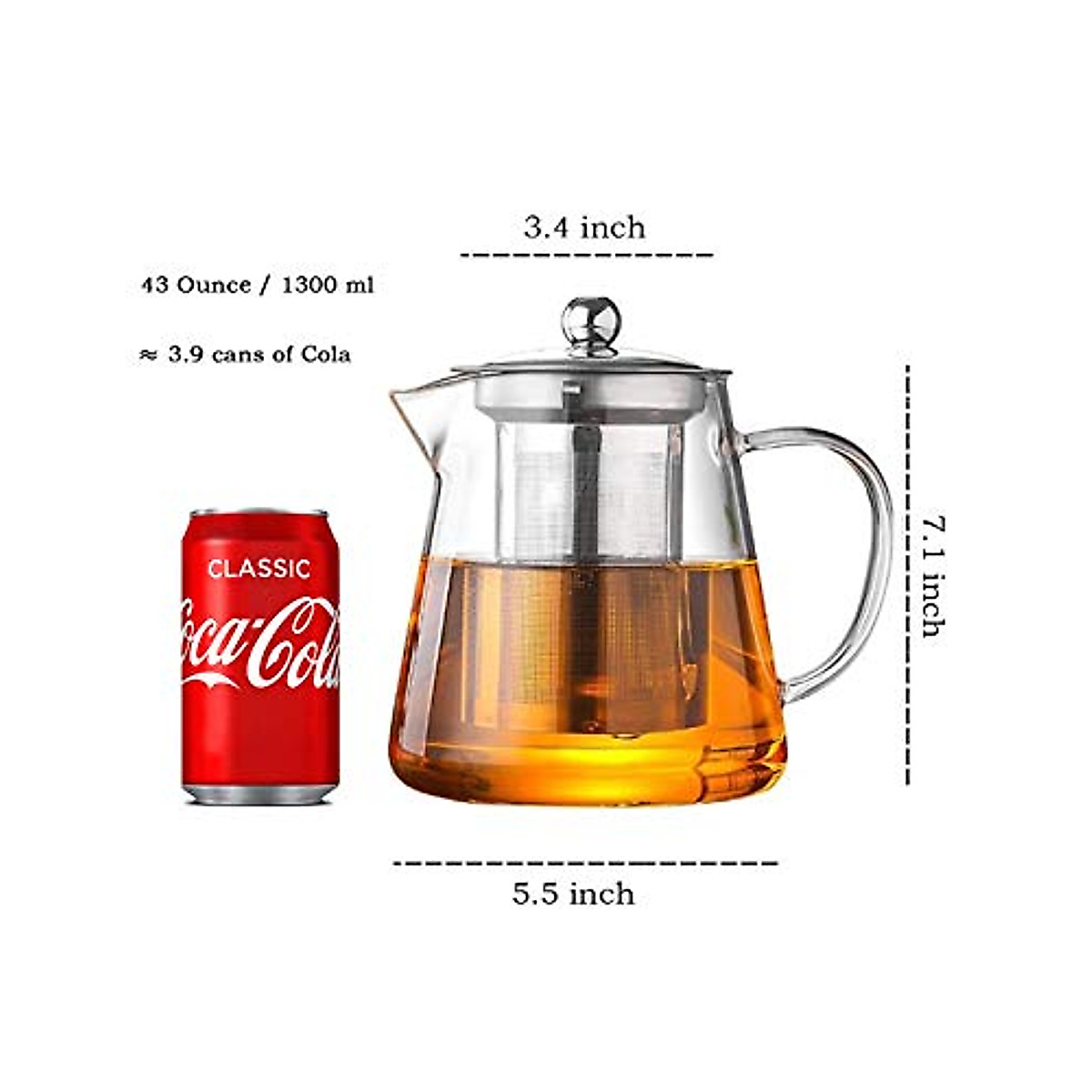 Glass Teapot with Infuser Tea Pot 32oz/43oz Tea Kettle Stovetop Safe Blooming and Loose Leaf Tea Maker Set (43oz/ 1300ml)